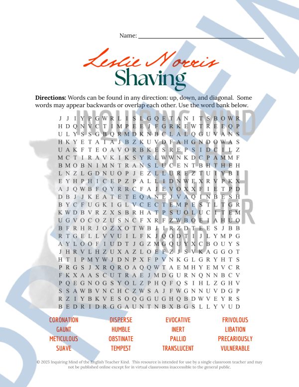 "Shaving" by Leslie Norris Vocabulary Enrichment Activities for High ...