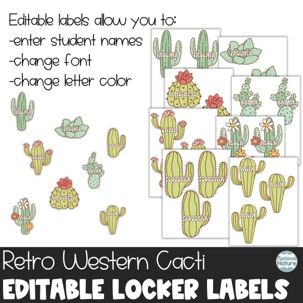 Retro Western Name Tags - Cactus and Flowers - Editable Locker Labels ...
