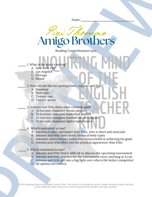 "Amigo Brothers" by Piri Thomas Quiz and Answer Key - Made By Teachers