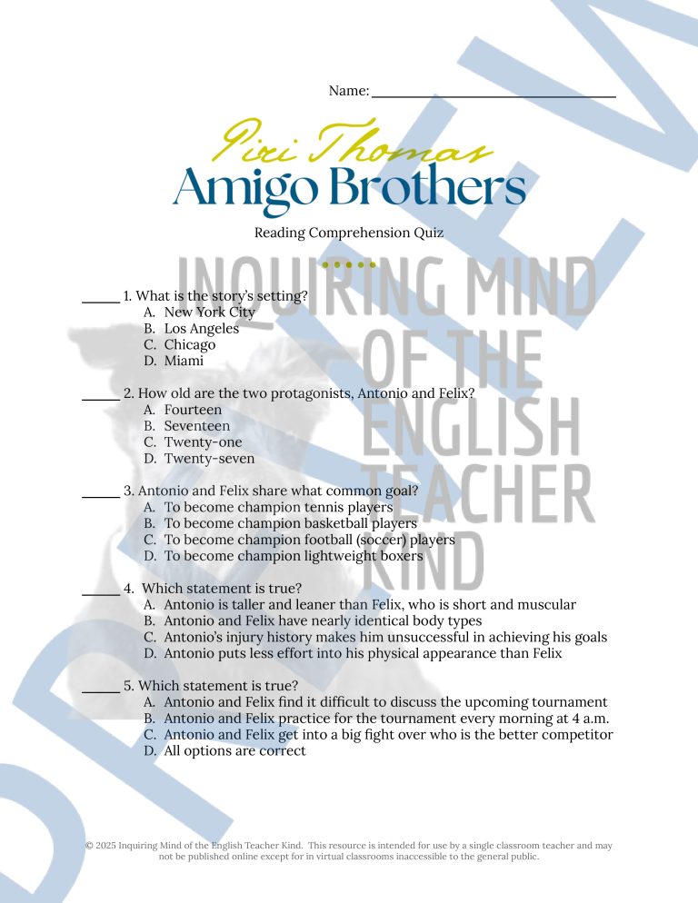 "Amigo Brothers" by Piri Thomas Quiz and Answer Key - Made By Teachers