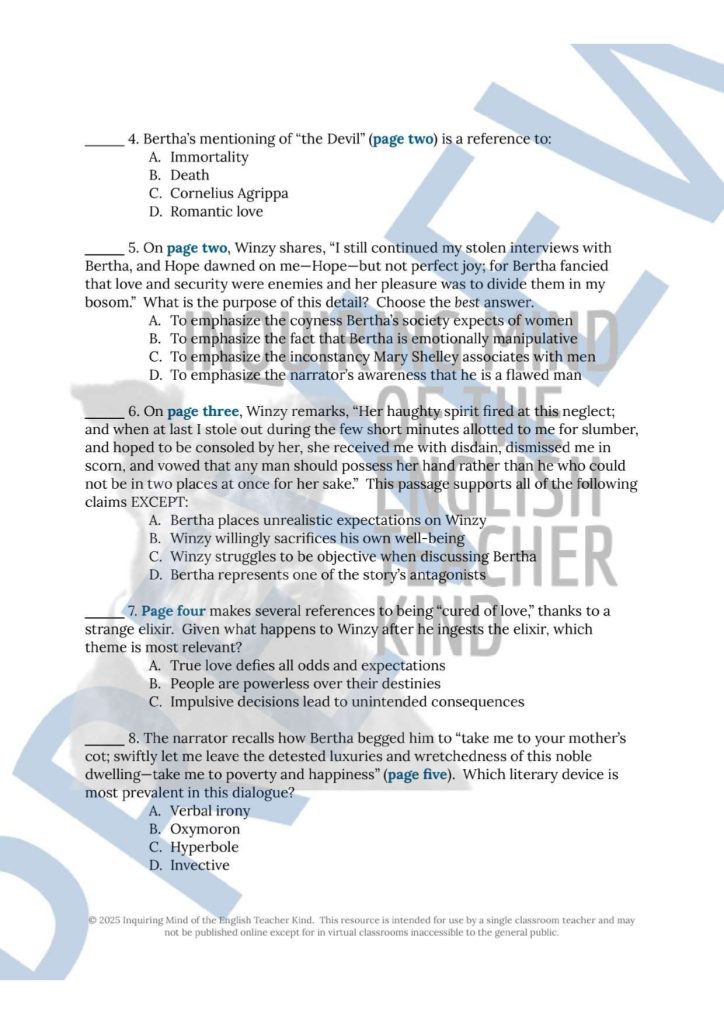 "The Mortal Immortal" by Mary Shelley Close Reading Analysis Worksheet ...