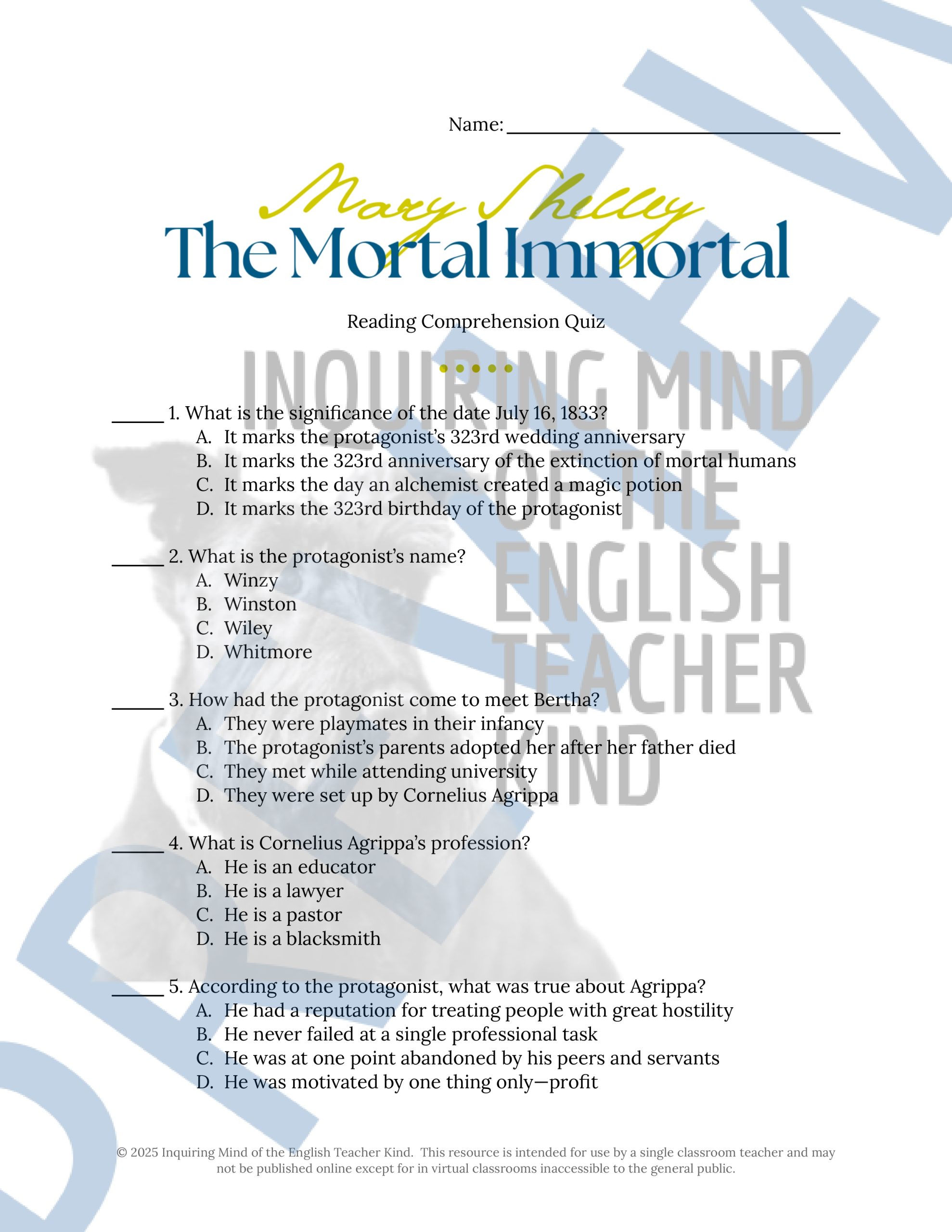 "The Mortal Immortal" by Mary Shelley Quiz, Analysis Worksheet, and ...