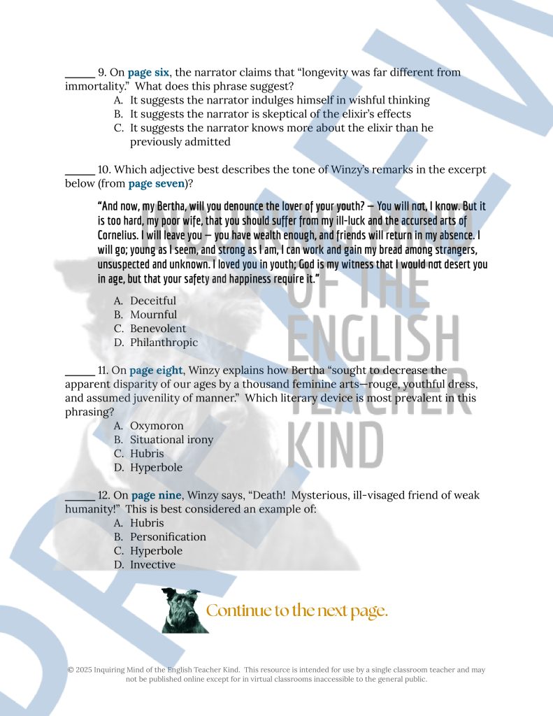 "The Mortal Immortal" by Mary Shelley Quiz, Analysis Worksheet, and ...