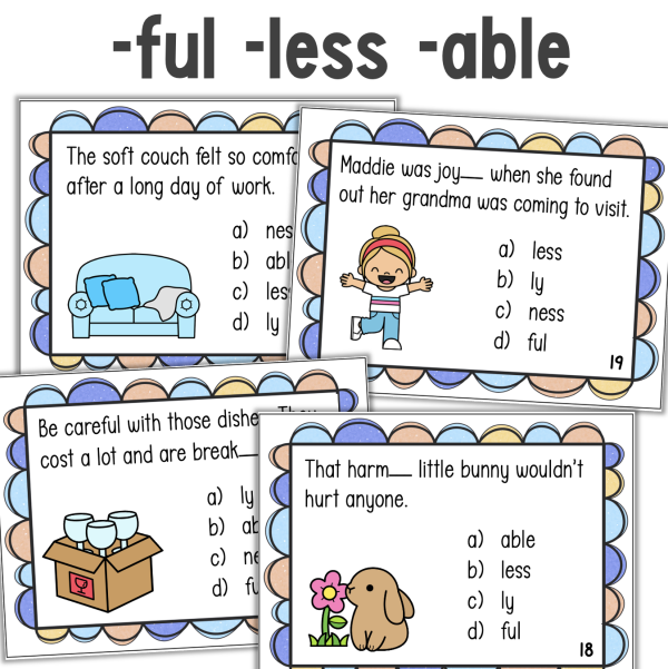 Suffixes Task Cards Suffix ly ful ness less able er est | Made By Teachers