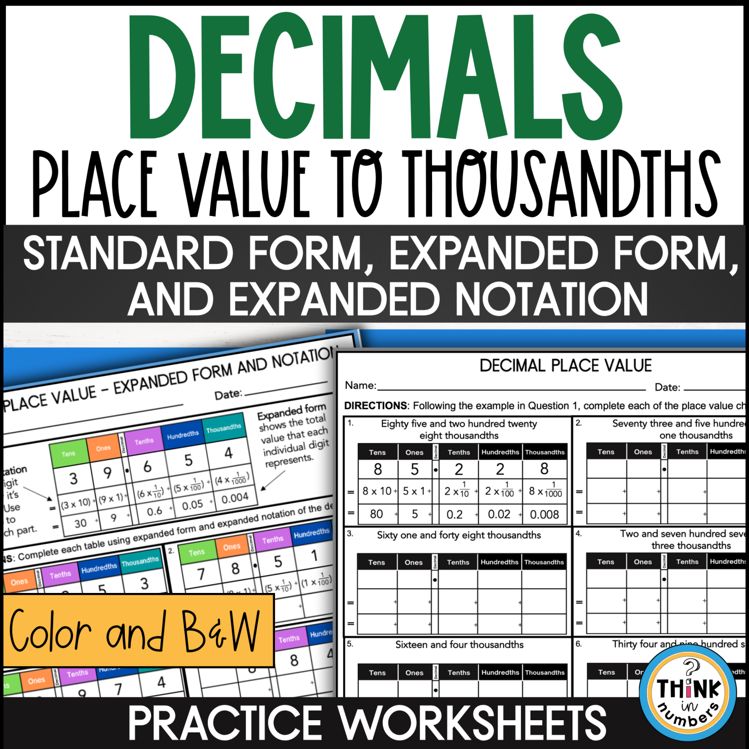 Decimal Place Value Expanded Notation and Expanded Form Worksheets ...