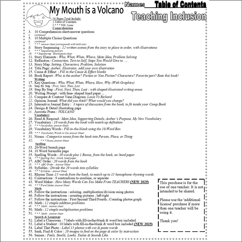 My Mouth is a Volcano Book Study Companion Reading Comprehension ...