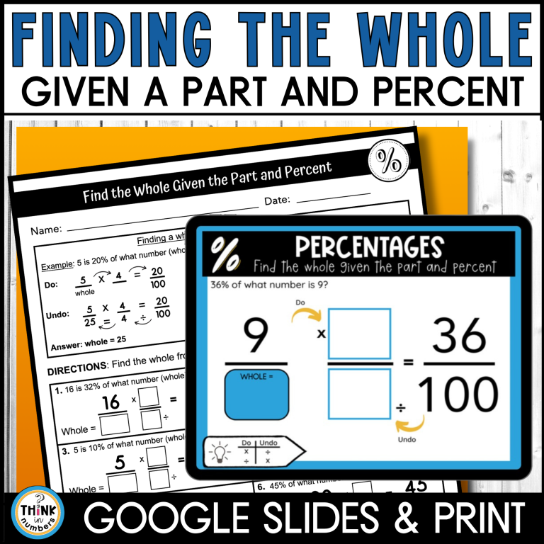 Find the Whole Given a Part and Percent Google Slides and Worksheets 6 ...