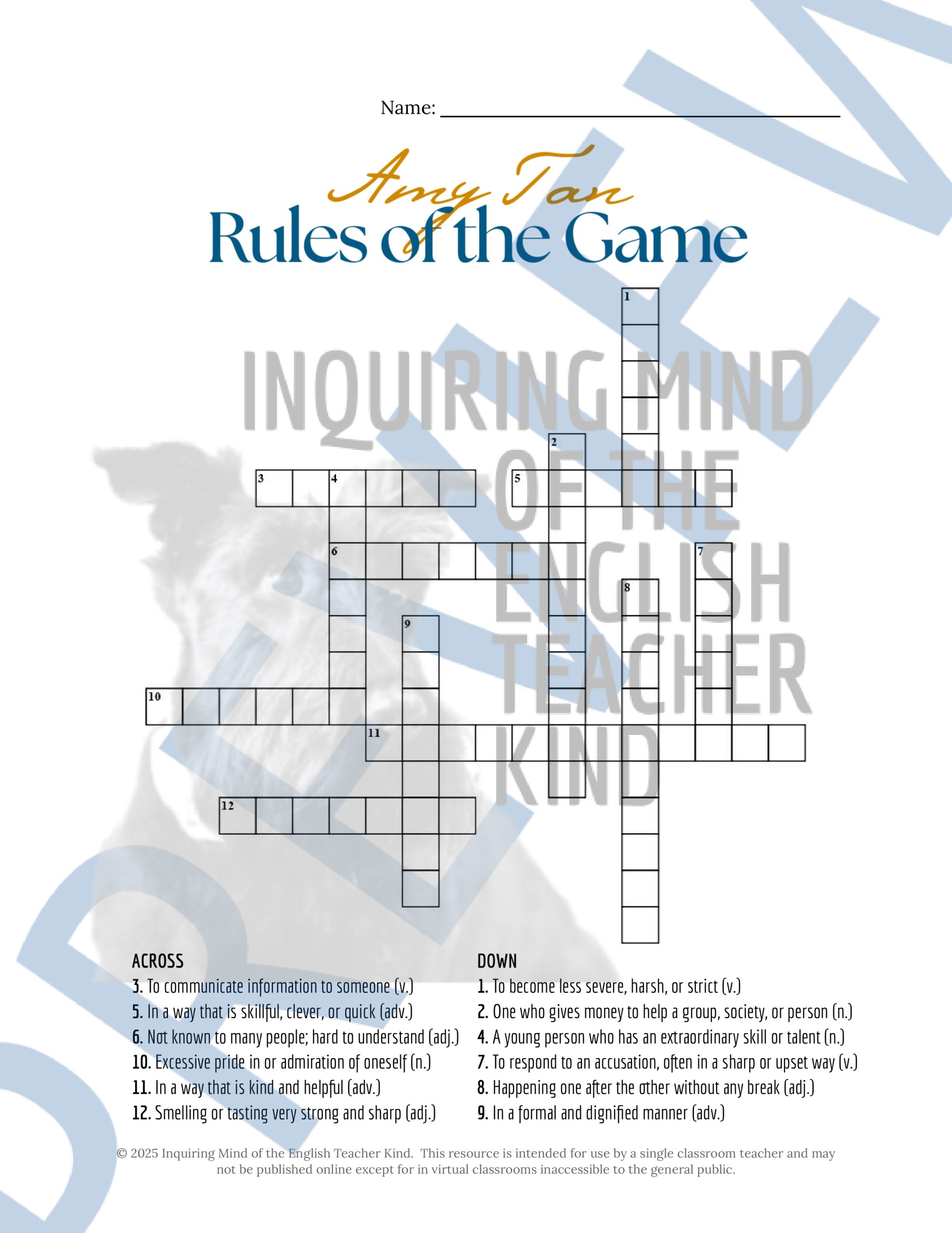 "Rules of the Game" by Amy Tan Vocabulary Enrichment Activities for ...