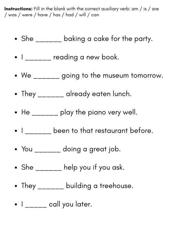 Main Verb and Auxiliary Verb Sentences – Practice Worksheet - Made By ...