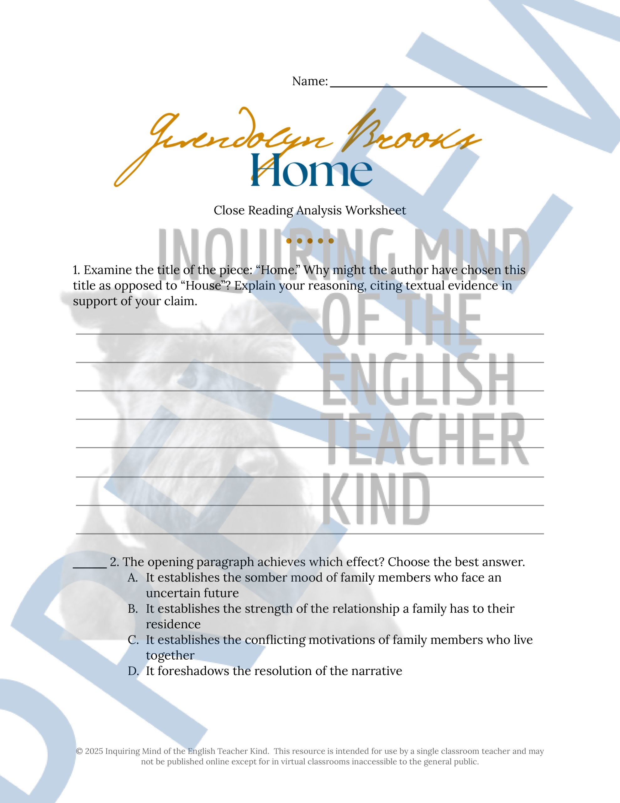 "Home" by Gwendolyn Brooks Quiz, Analysis Worksheet, and Vocabulary ...