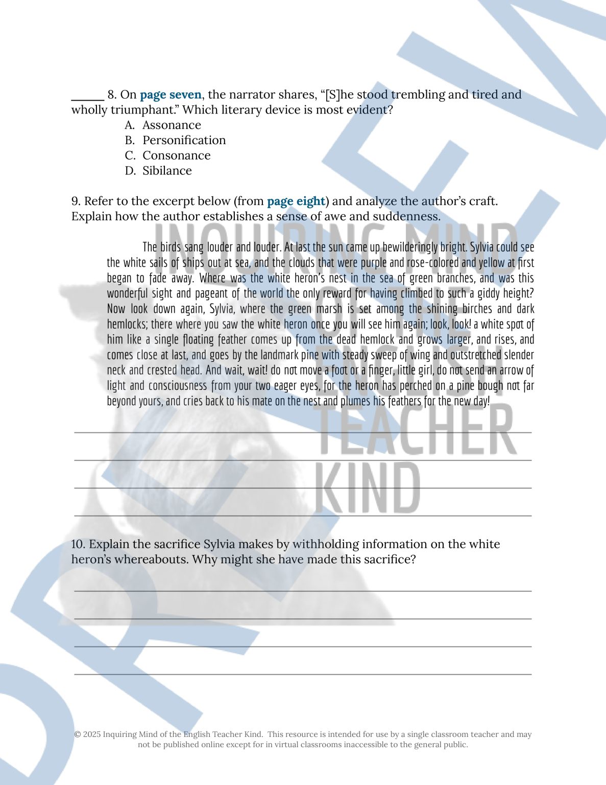 "A White Heron" by Sarah Orne Jewett Close Reading Worksheet and Lesson ...