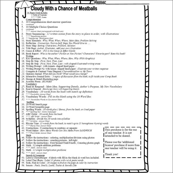Cloudy With a Chance of Meatballs Read Aloud Book Study Companion ...