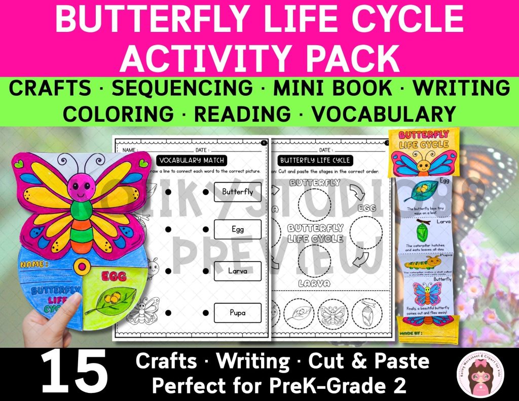 Butterfly Life Cycle Activities PreK to Grade 2 with Cut and Paste ...