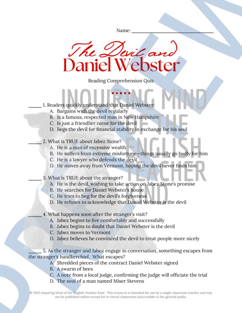 "The Devil and Daniel Webster" Quiz, Analysis Worksheets, and ...