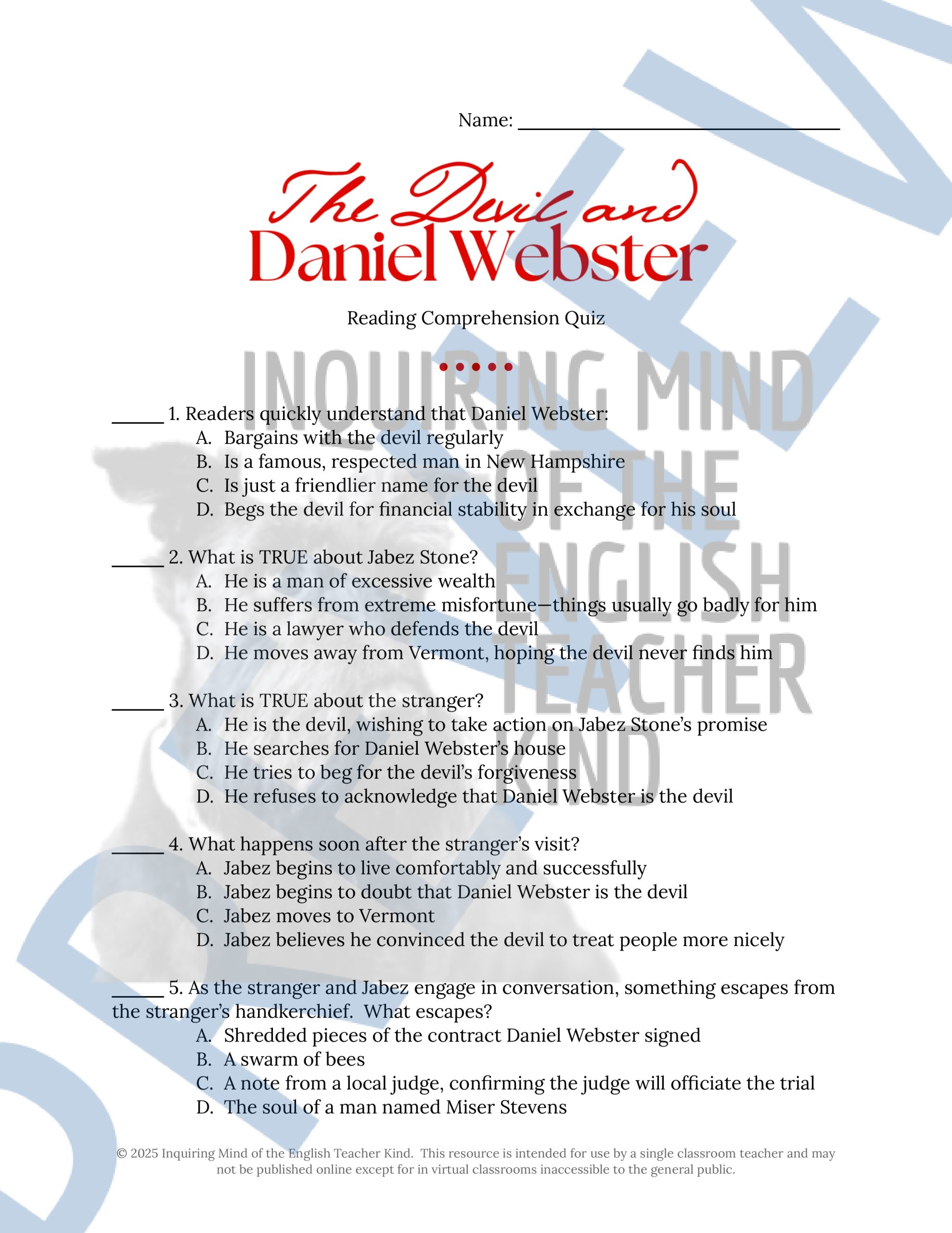 "The Devil and Daniel Webster" Quiz, Analysis Worksheets, and ...