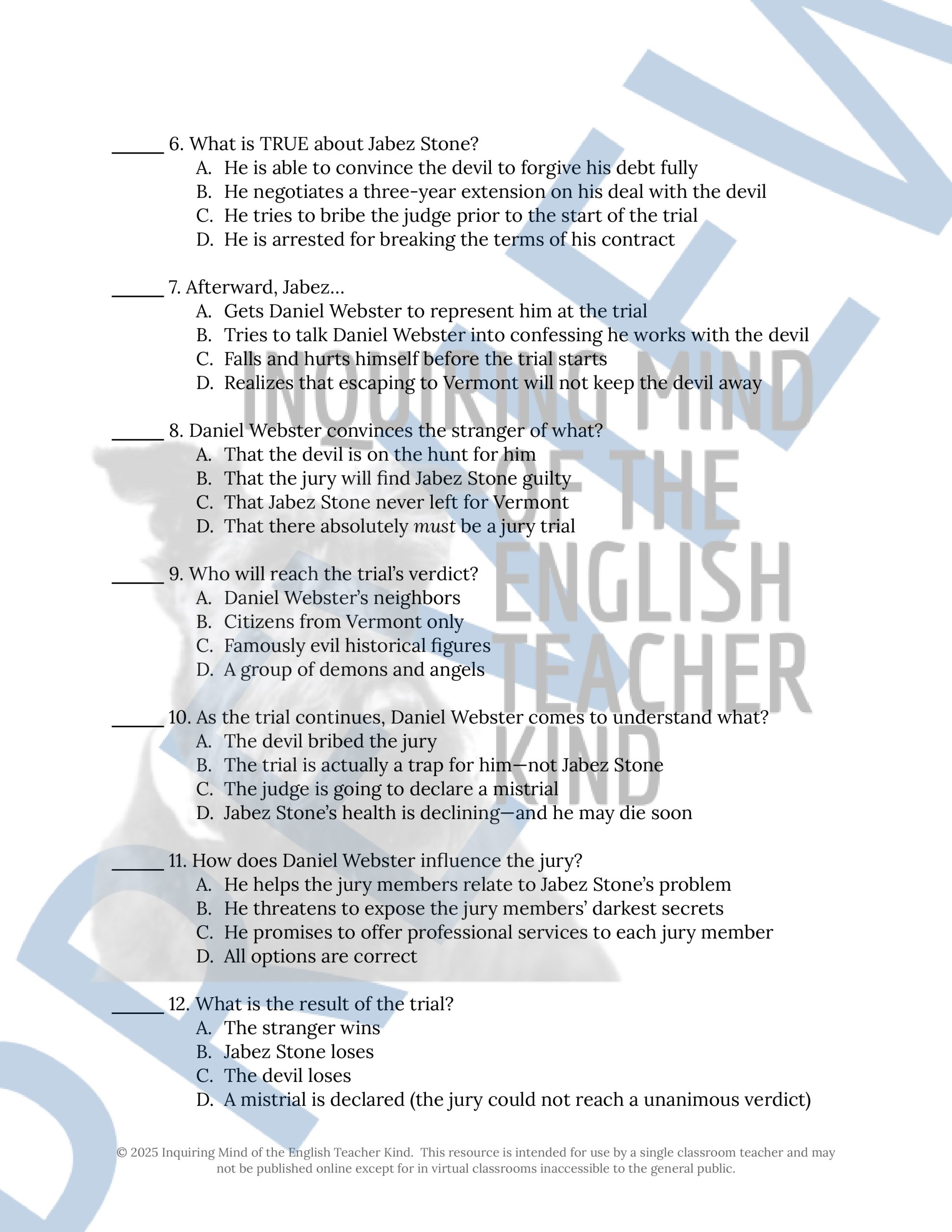 "The Devil and Daniel Webster" Quiz, Analysis Worksheets, and ...