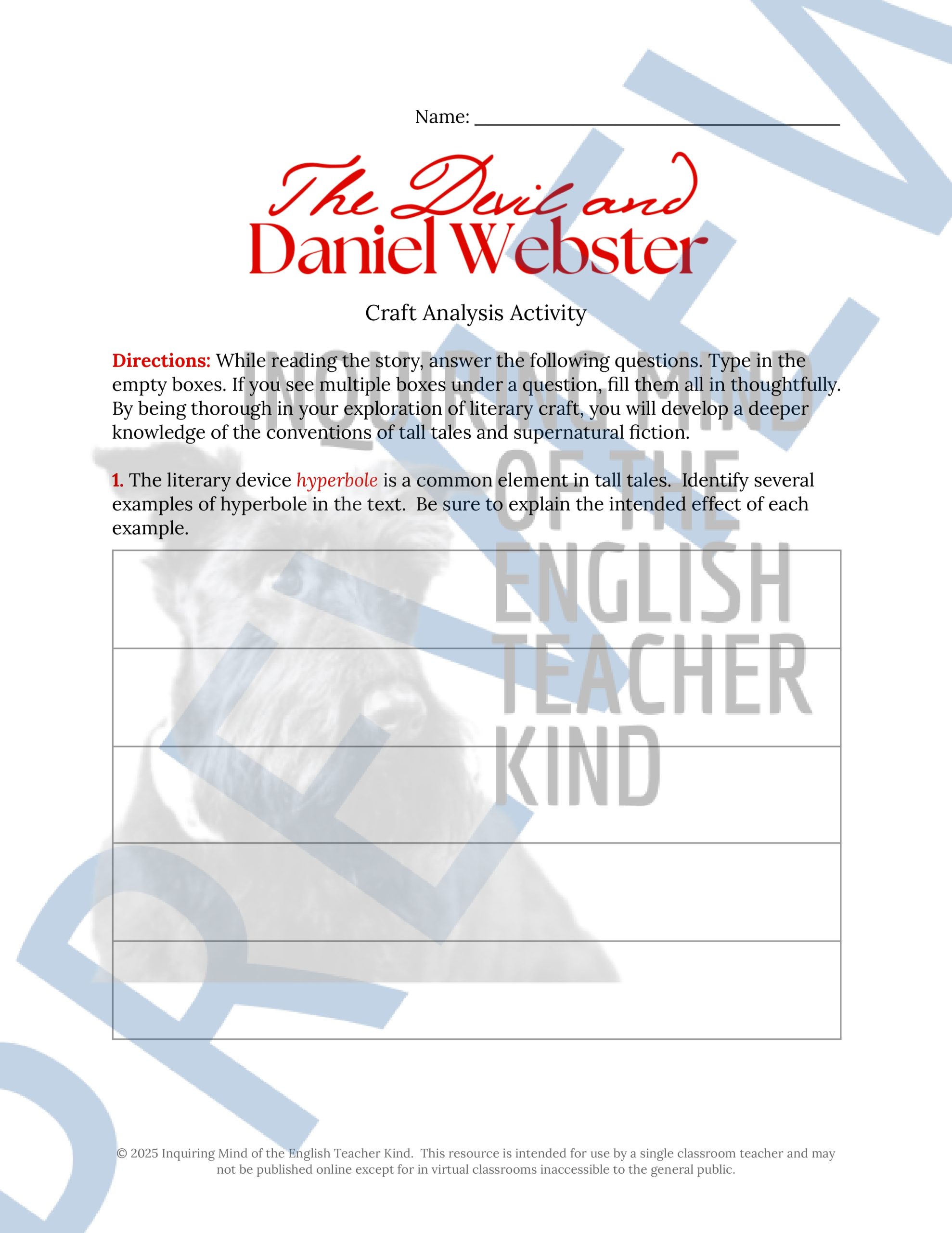"The Devil and Daniel Webster" Quiz, Analysis Worksheets, and ...