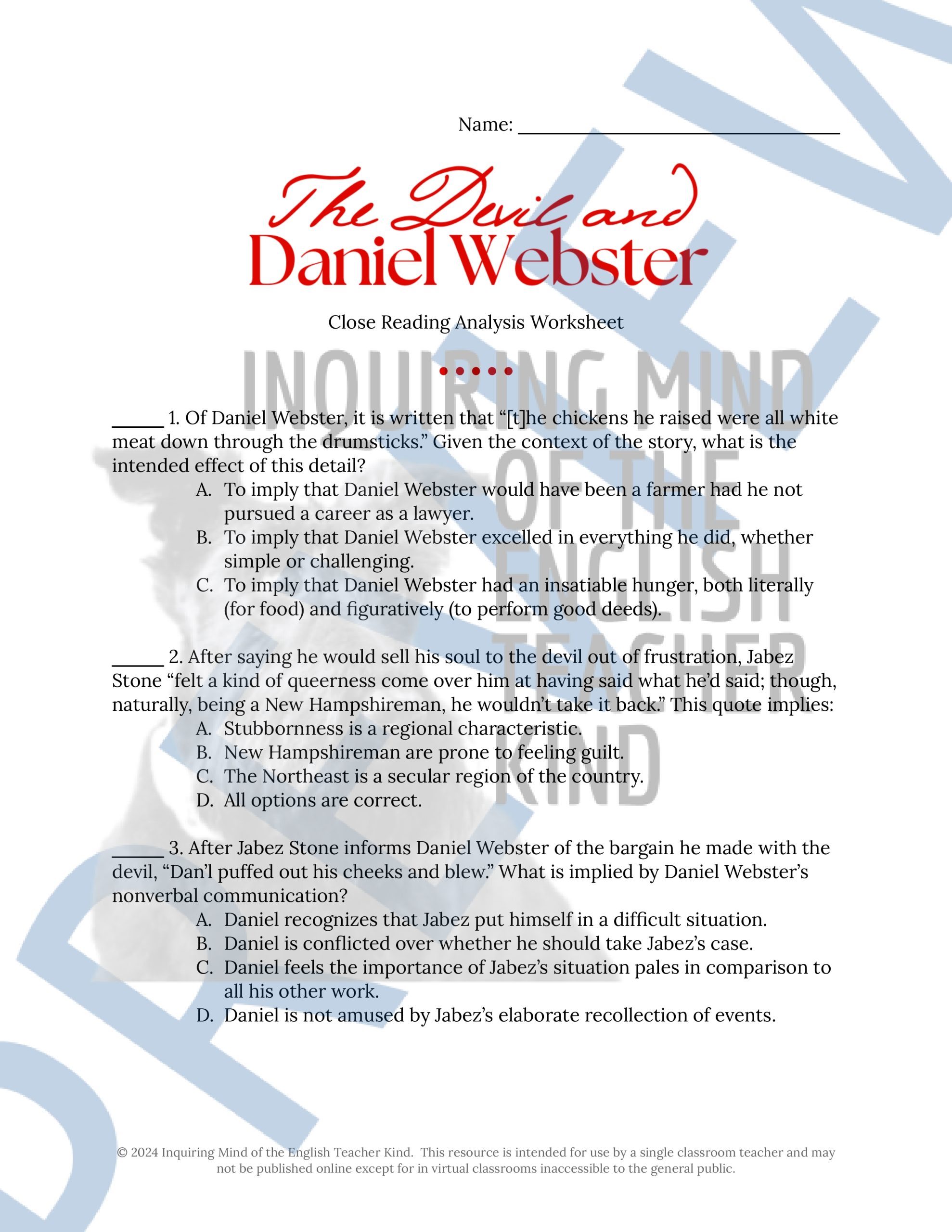 "The Devil and Daniel Webster" Quiz, Analysis Worksheets, and ...