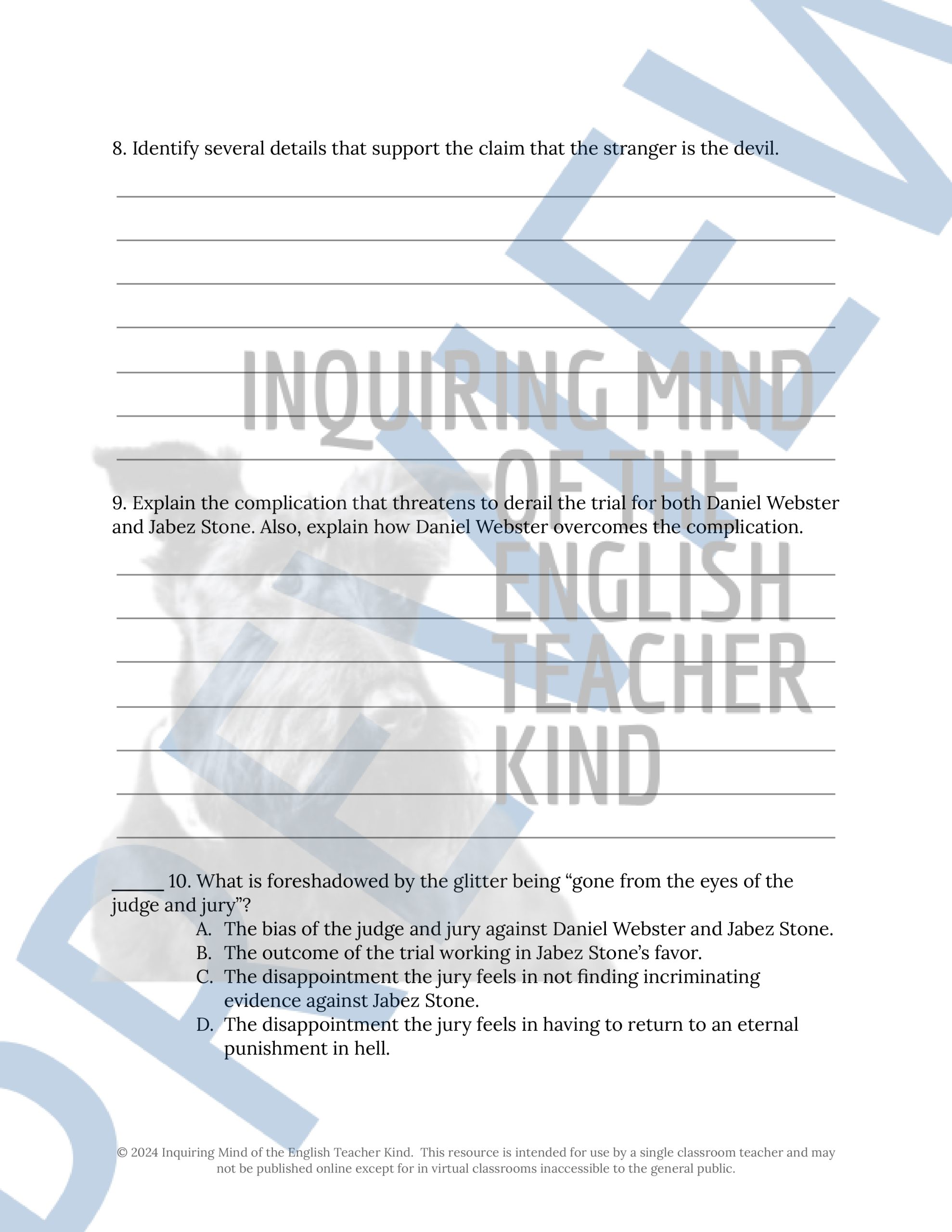"The Devil and Daniel Webster" Quiz, Analysis Worksheets, and ...