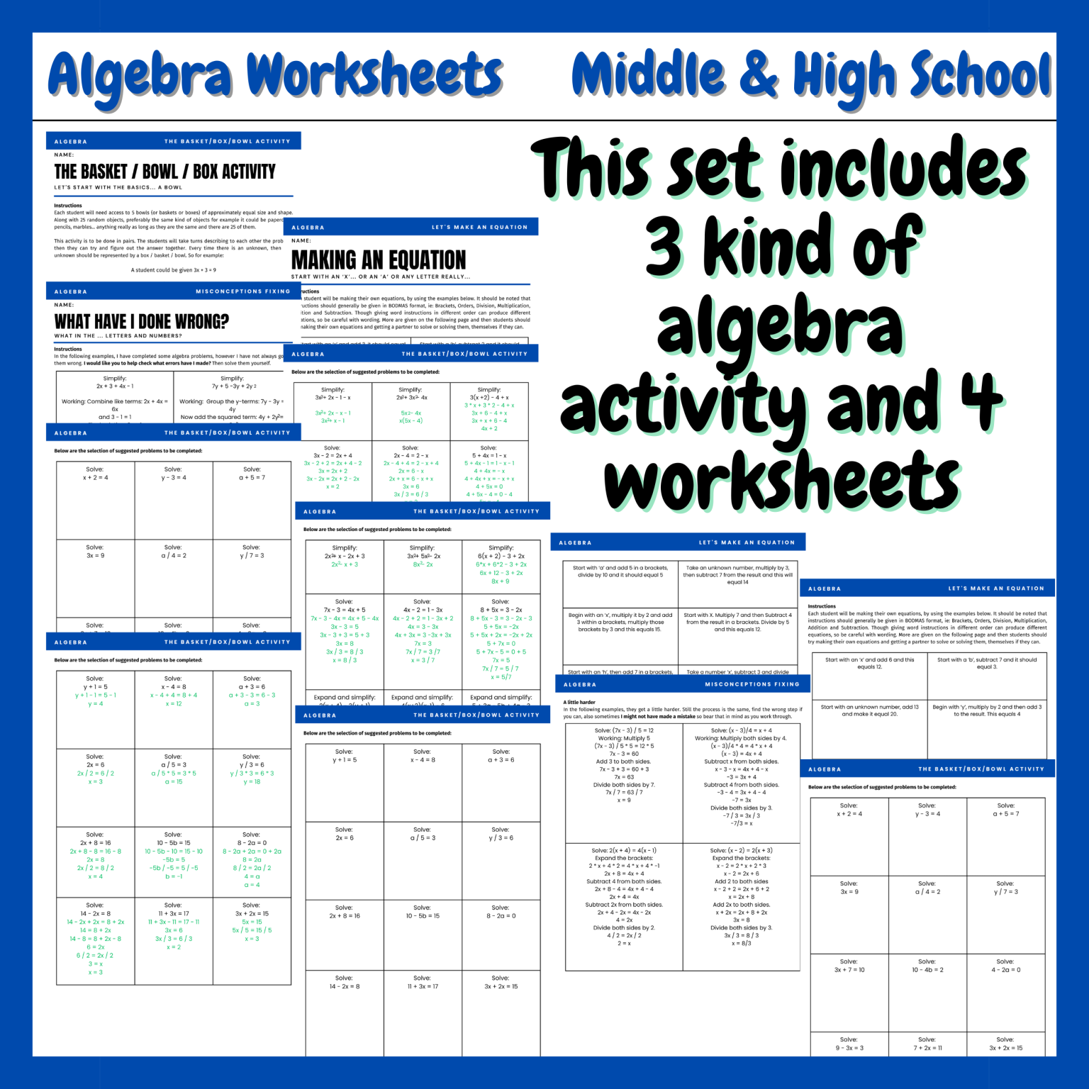 Algebra Worksheets (3 activity types) | 4 Worksheet Set | Middle / High ...