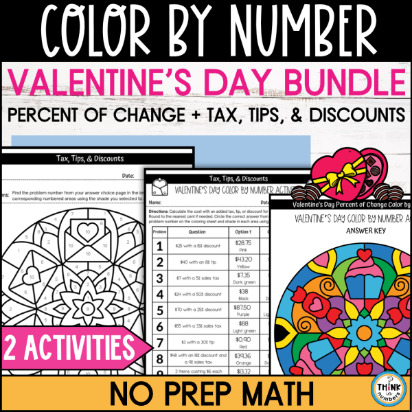 Valentines Percent of Change and Tax Tips and Discounts Color by Number ...