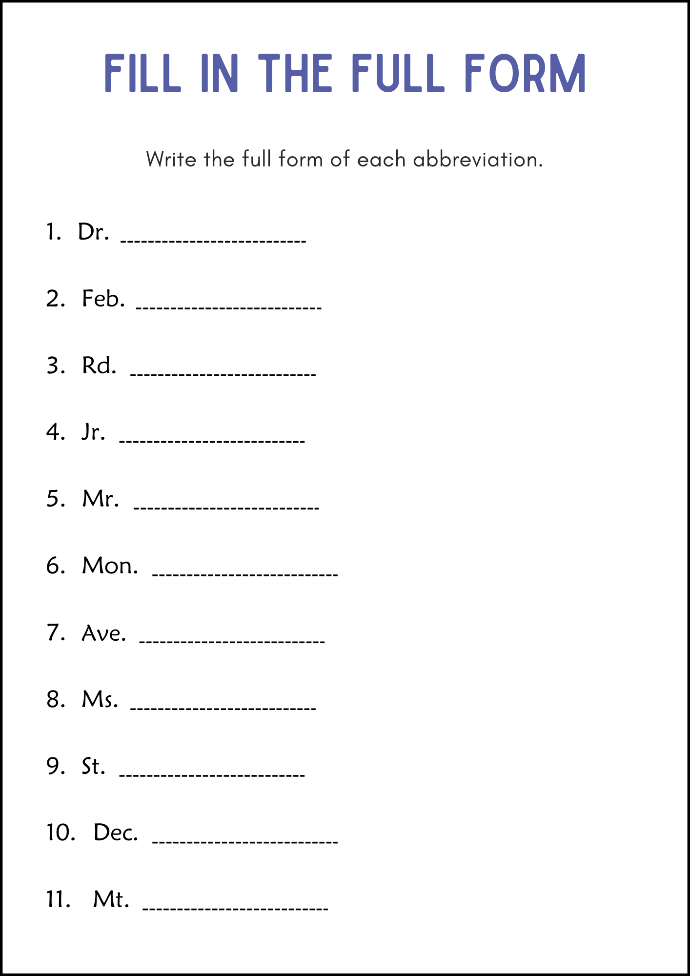 Printable Abbreviations Grammar Worksheets - Abbreviations Matching for ...