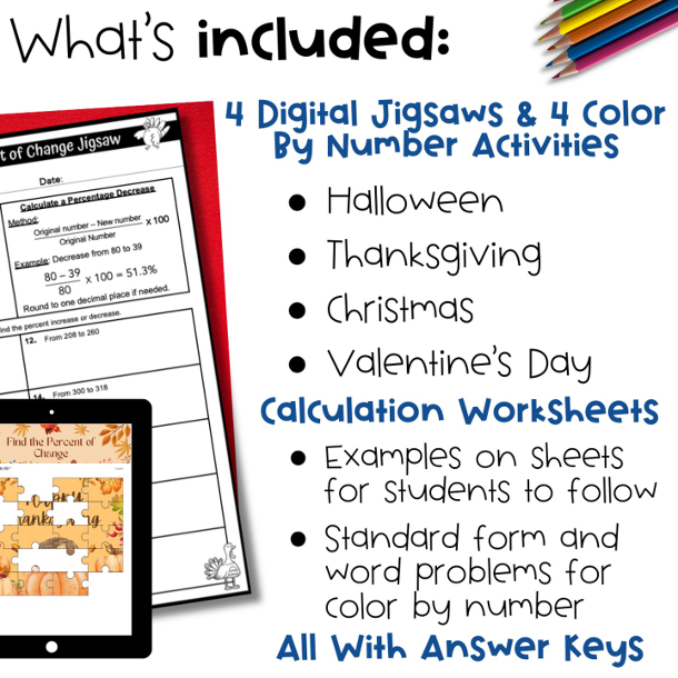 Percent of Change Color by Number and Digital Jigsaws Holiday Bundle ...