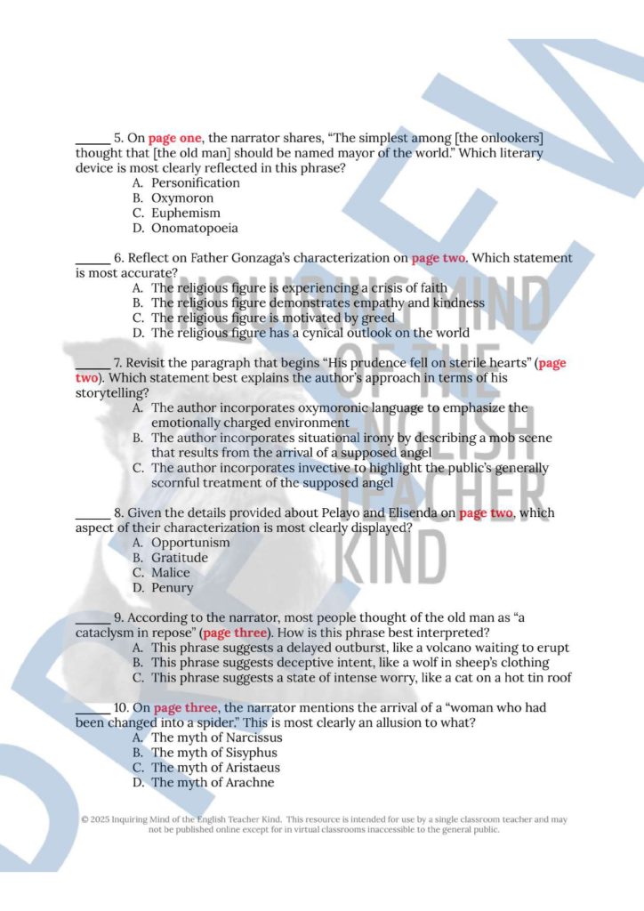 "A Very Old Man with Enormous Wings" Close Reading Analysis Worksheet ...