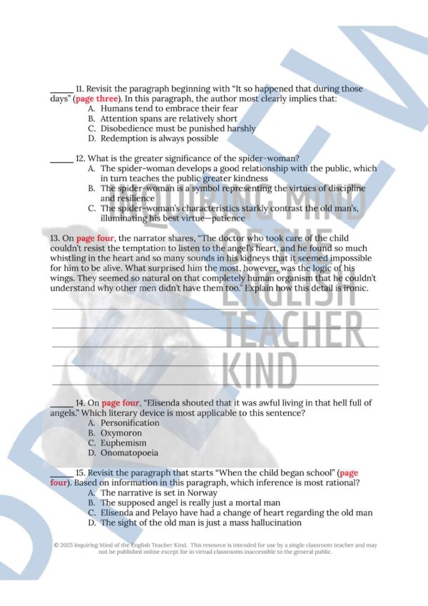"A Very Old Man with Enormous Wings" Close Reading Analysis Worksheet ...