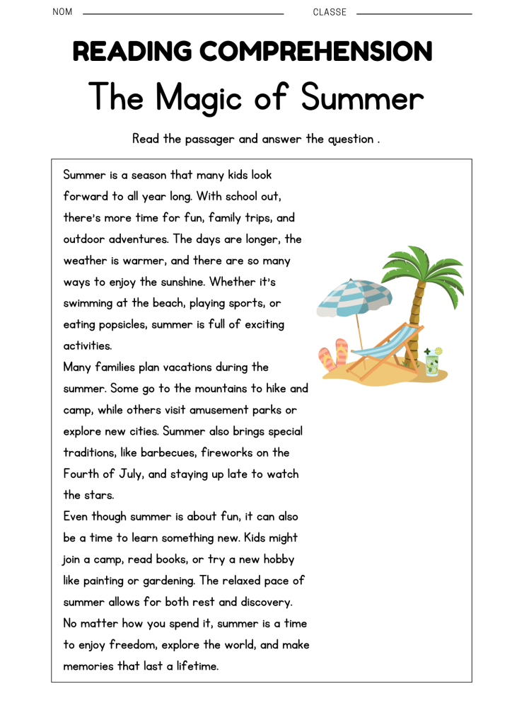 Summer Break Reading Comprehension Passages with Questions & Answer Key ...