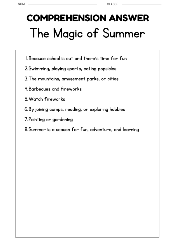 Summer Break Reading Comprehension Passages with Questions & Answer Key ...
