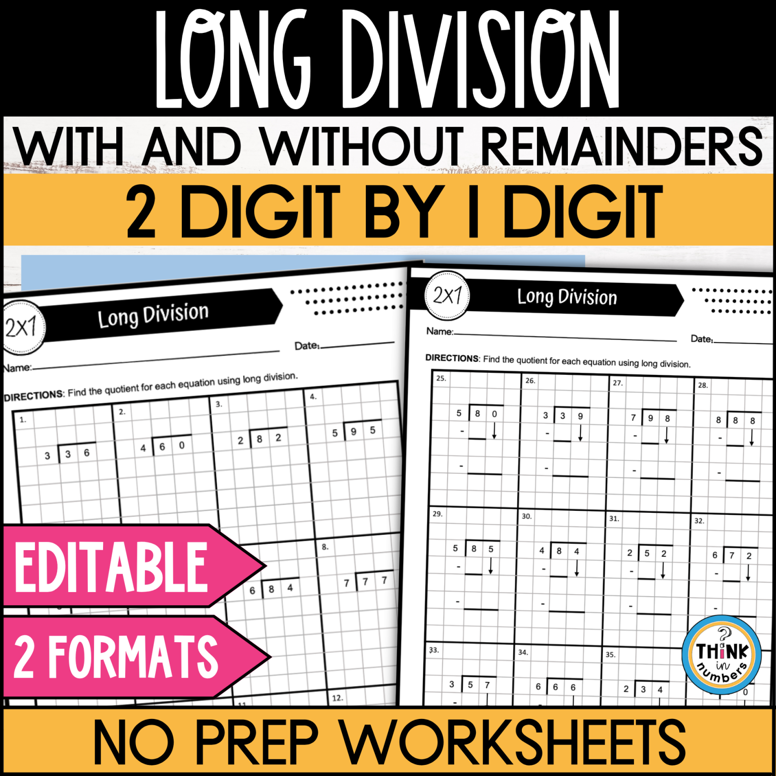 Long Division Worksheets 2 Digit by 1 Digit With and Without Remainders ...