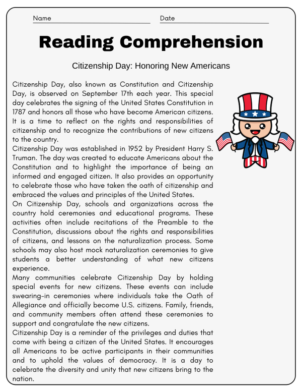 Citizenship Day Reading Comprehension Passage with 8 Questions & Answer ...