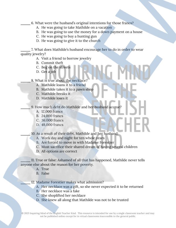 "The Necklace" by Guy de Maupassant Quiz and Answer Key for High School ...