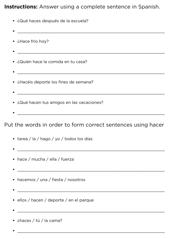 Práctica del verbo “hacer” en español - verb hacer in spanish worksheet ...