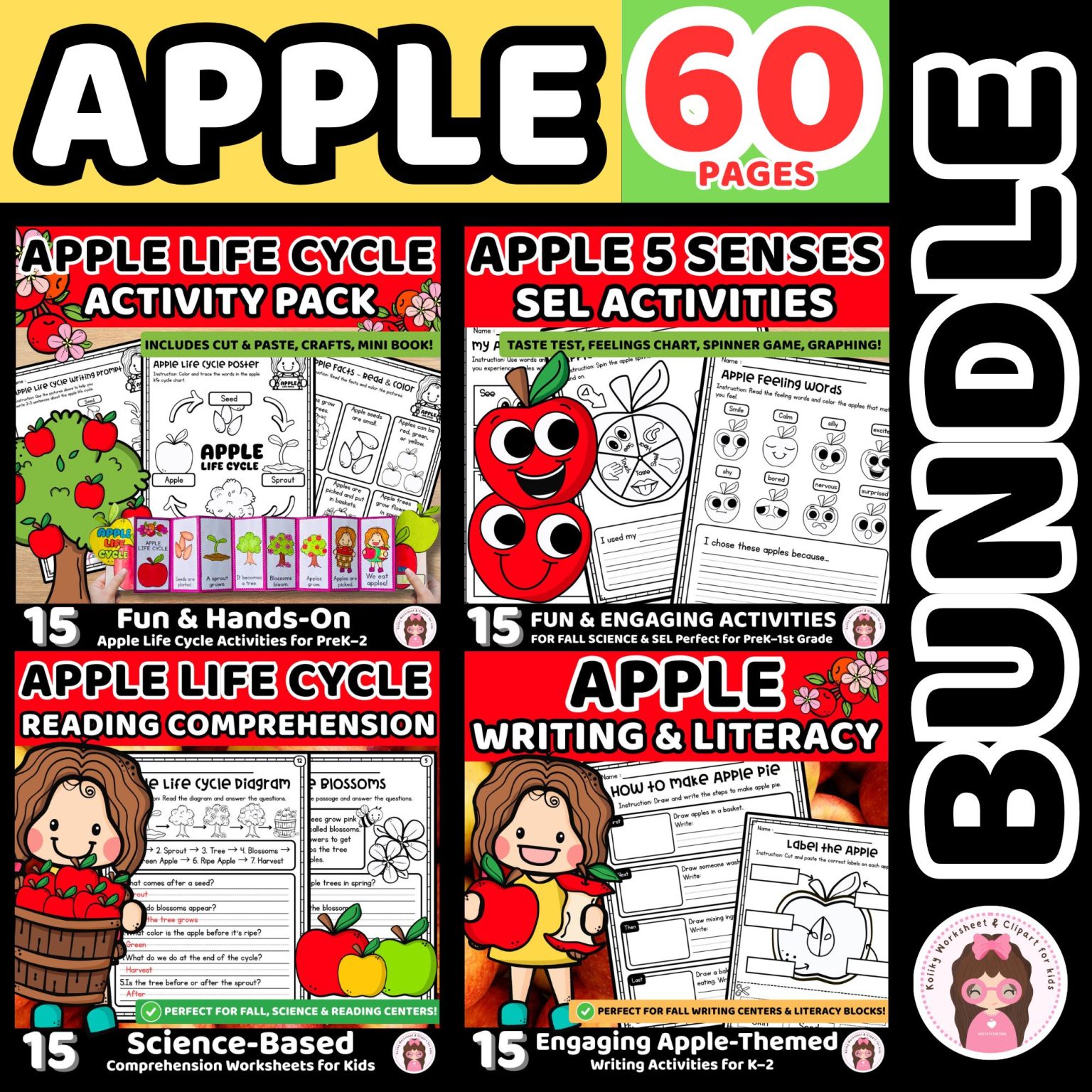 Apple Worksheets Bundle for Fall Activities Life Cycle Science and ...