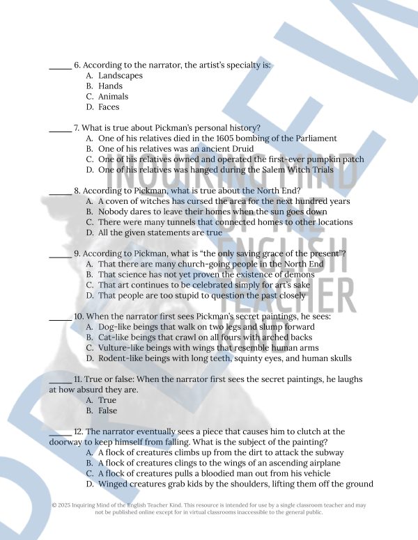 "Pickman's Model" by H.P. Lovecraft Quiz and Answer Key (Halloween ...