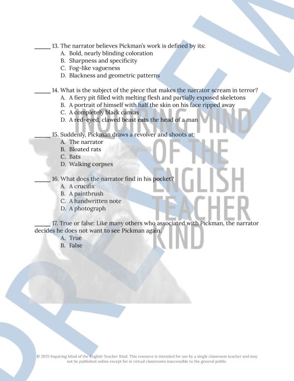 "Pickman's Model" by H.P. Lovecraft Quiz and Answer Key (Halloween ...