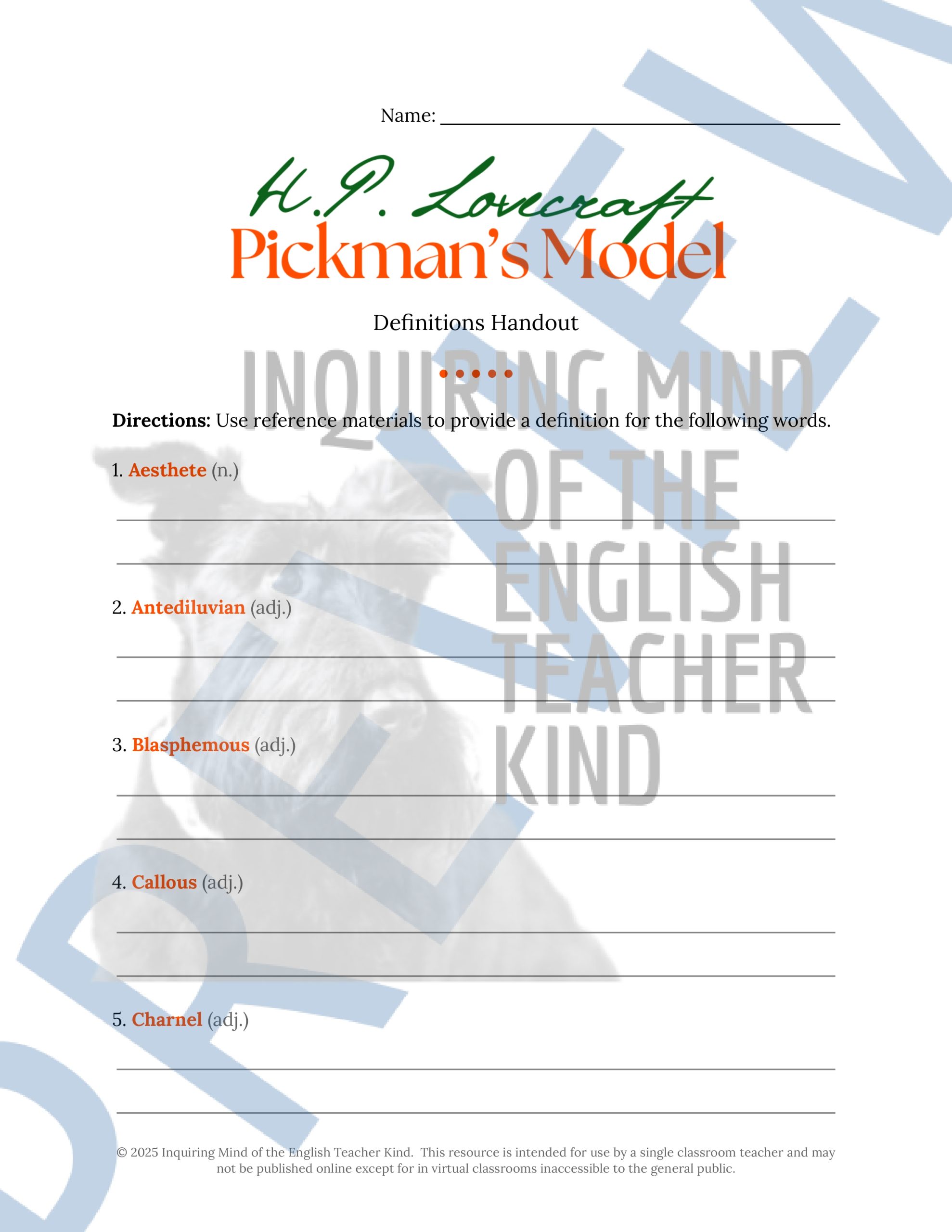 "Pickman's Model" by H.P. Lovecraft Quiz, Analysis Worksheet, and ...