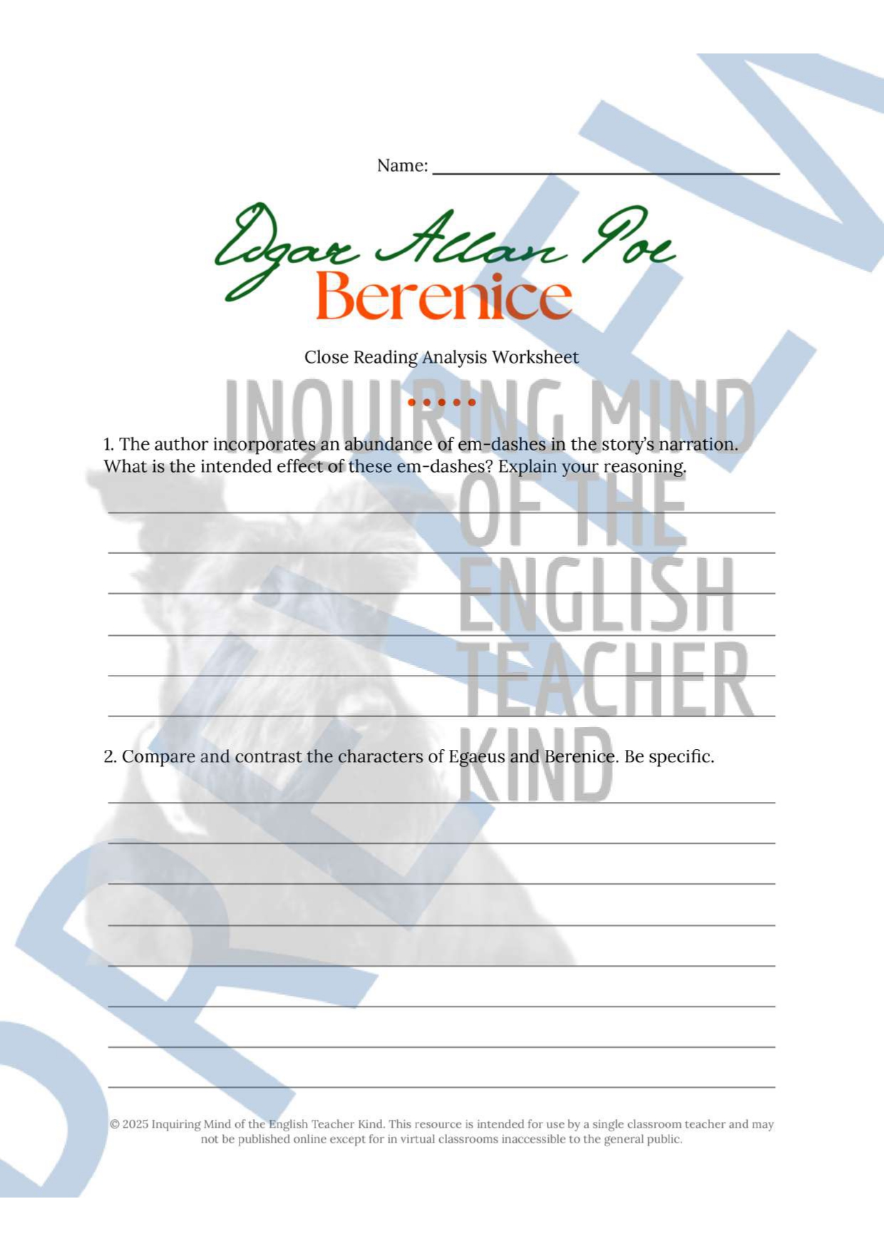 "Berenice" by Edgar Allan Poe Close Reading Analysis Worksheet ...