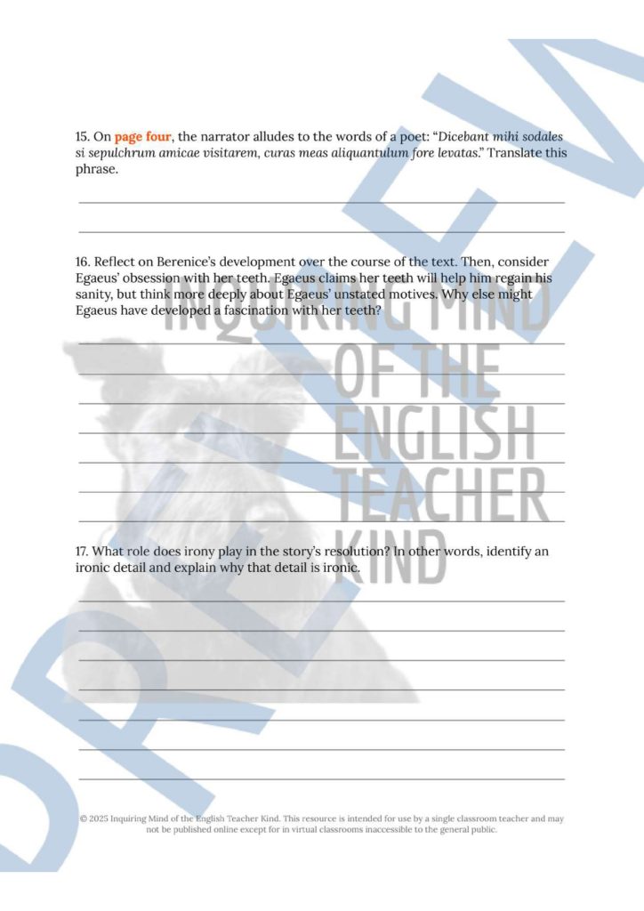 "Berenice" by Edgar Allan Poe Close Reading Analysis Worksheet ...