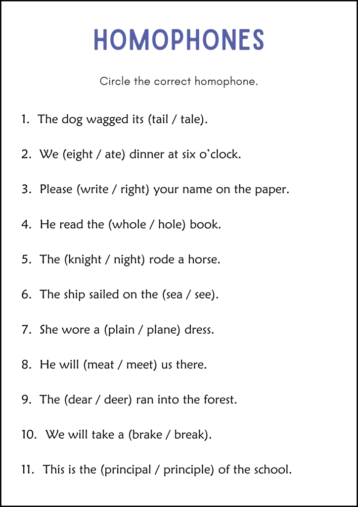 Printable Homophones and Homographs Grammar Worksheets for 1st 2nd 3rd ...