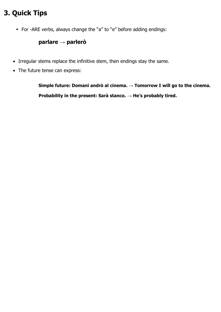 italian future tense chart with examples | Made By Teachers
