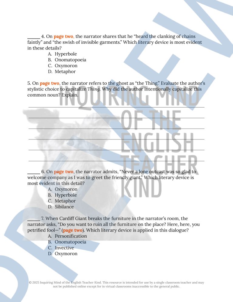 "A Ghost Story" by Mark Twain Literary Analysis Worksheet (Satire and ...
