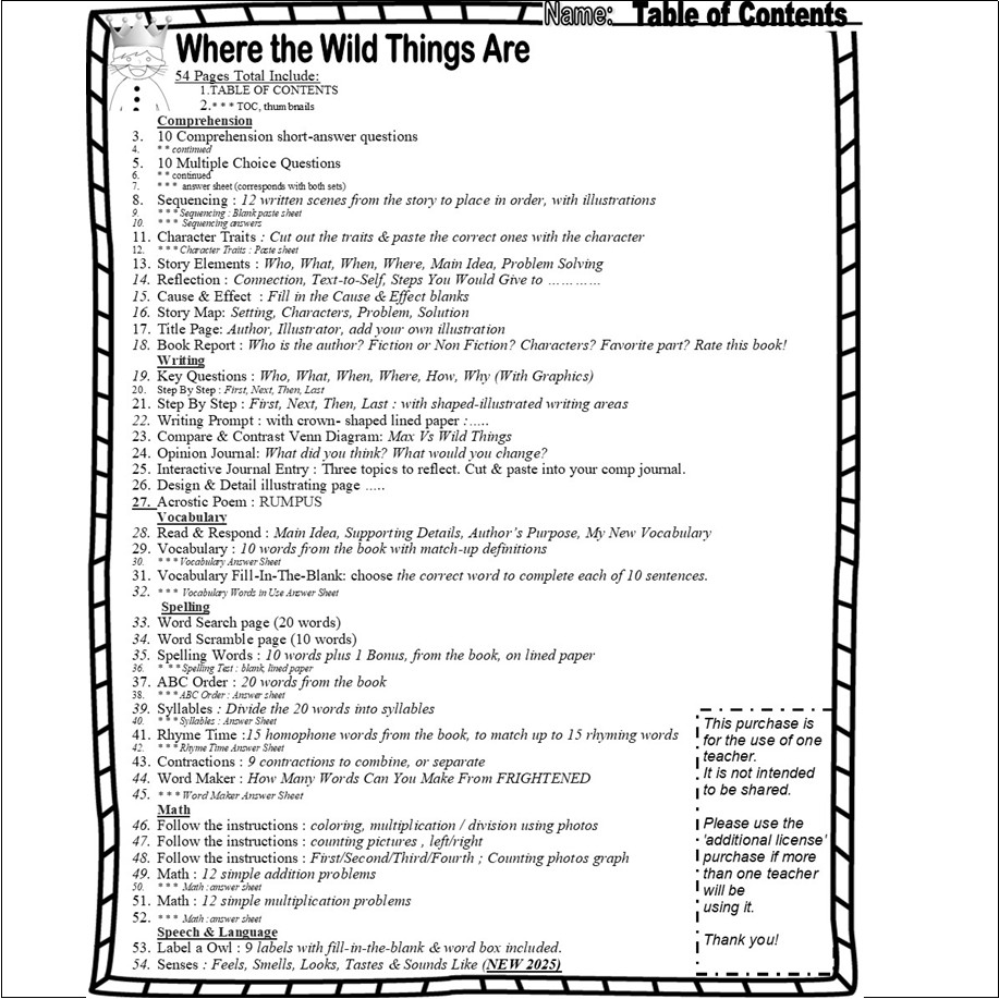 Where the Wild Things Are Book Companion Reading Comprehension ELA Math ...