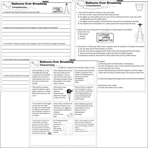 Balloons Over Broadway Thanksgiving Reading Comprehension TV Quiz Tests ...