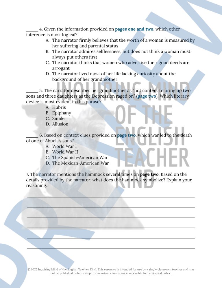 "The Witch's Husband" by Judith Ortiz Cofer Quiz, Worksheet, and ...