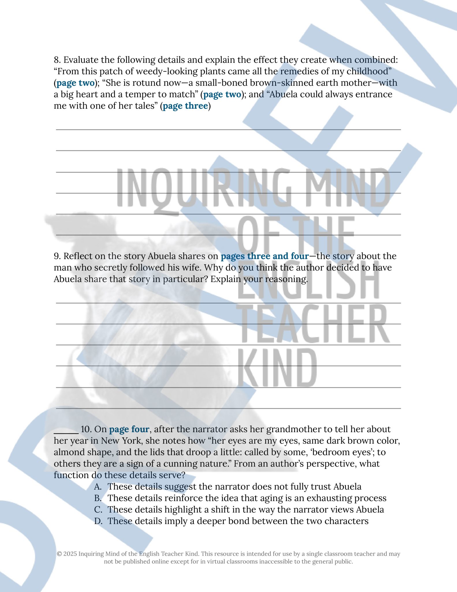 "The Witch's Husband" by Judith Ortiz Cofer Quiz, Worksheet, and ...