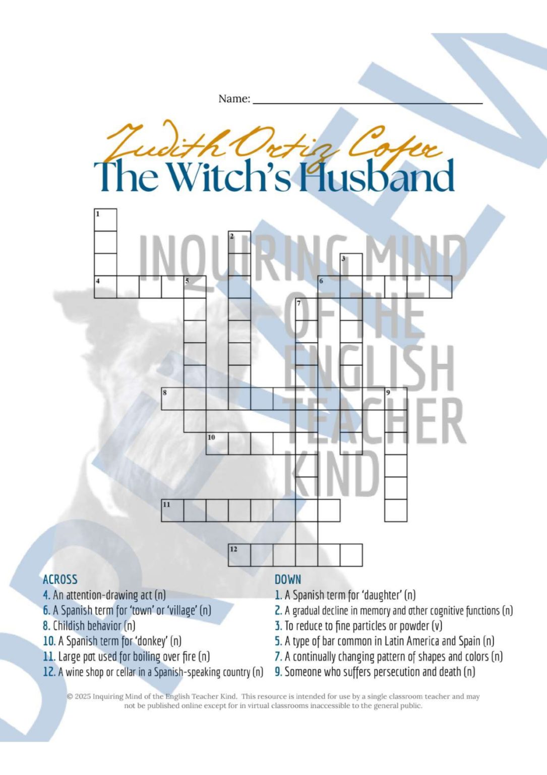 "The Witch's Husband" by Judith Ortiz Cofer Quiz, Worksheet, and ...