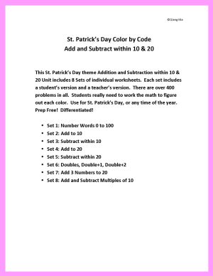 St. Patrick's Day Color by Code: Add and Subtract within 10 and 20 ...